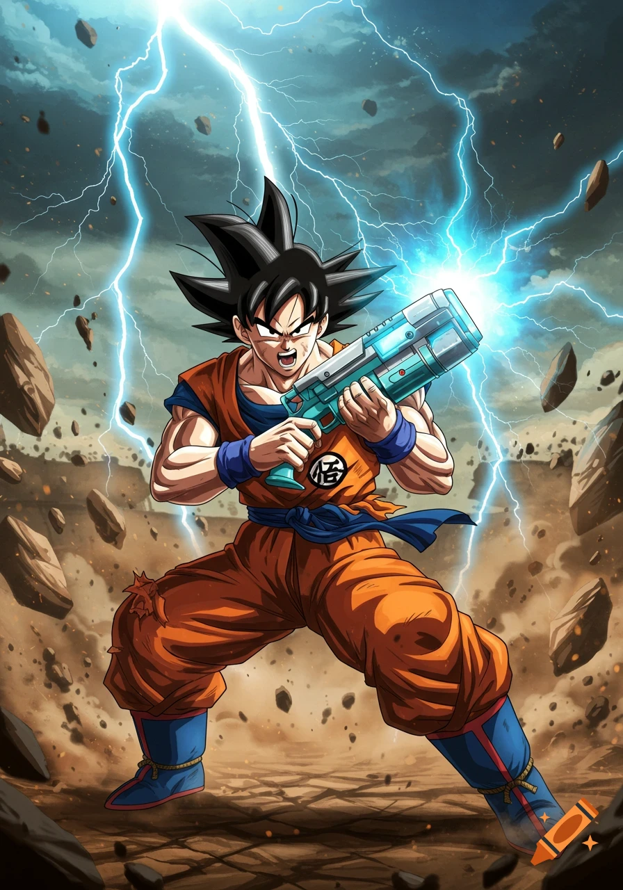 Goku, an anime character, in an action pose holding a futuristic gun ...