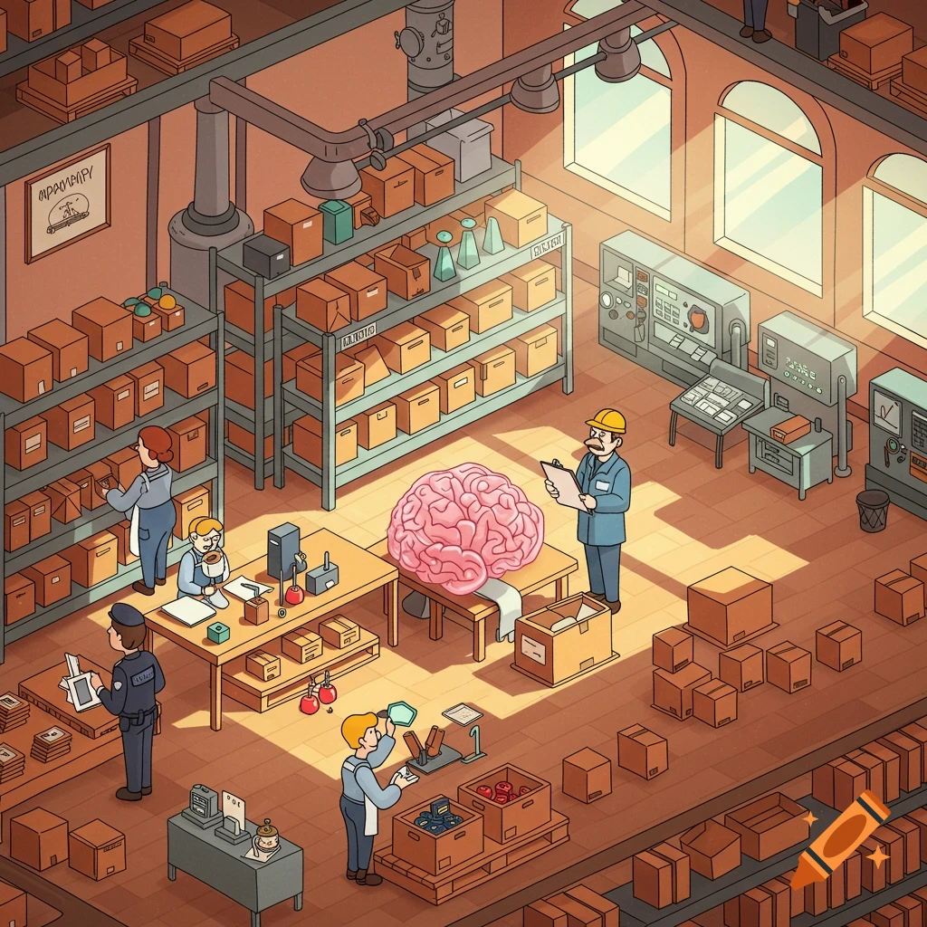 Cartoon illustration of a factory floor where workers, a manager, and a ...