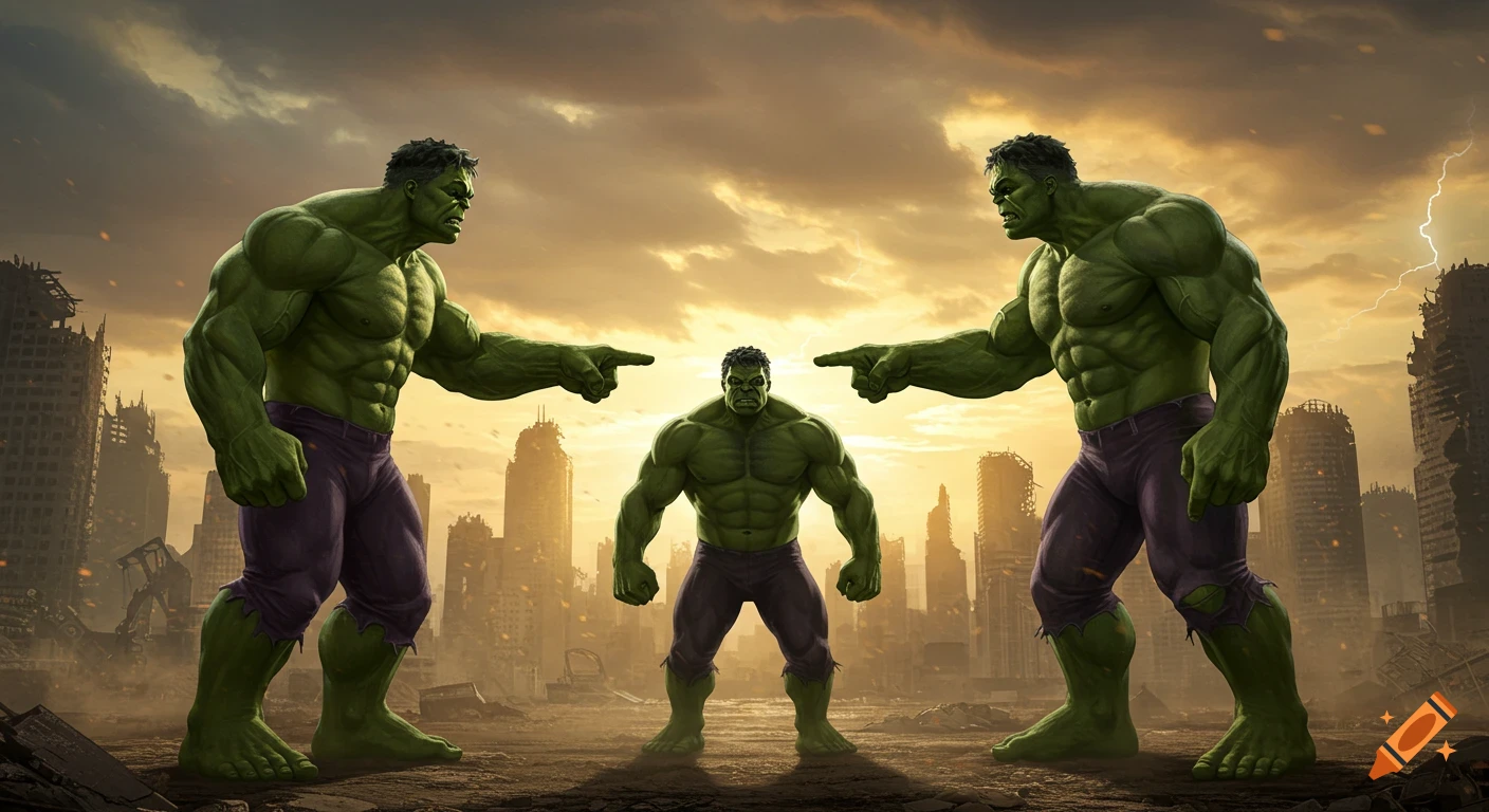 A muscular green Hulk roars amidst a collapsing city, depicted in a ...