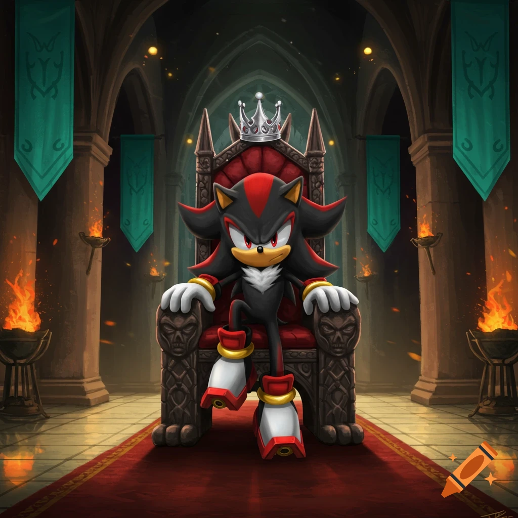 Shadow the Hedgehog lounges on a dark, ornate throne in a grand, dimly ...