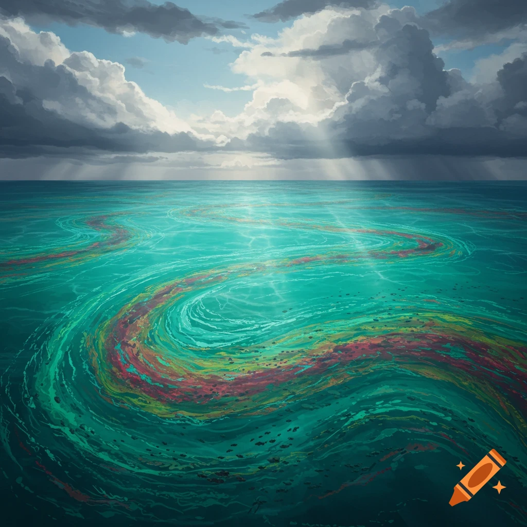 Vast ocean with swirling turquoise water, red and green algal blooms ...