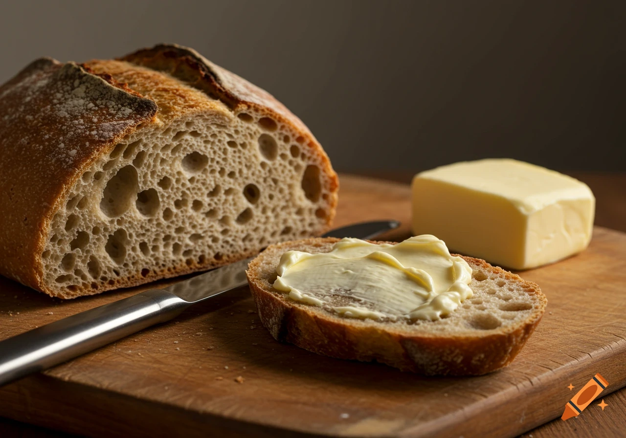 A photorealistic still life of a rustic loaf of bread, a buttered slice ...