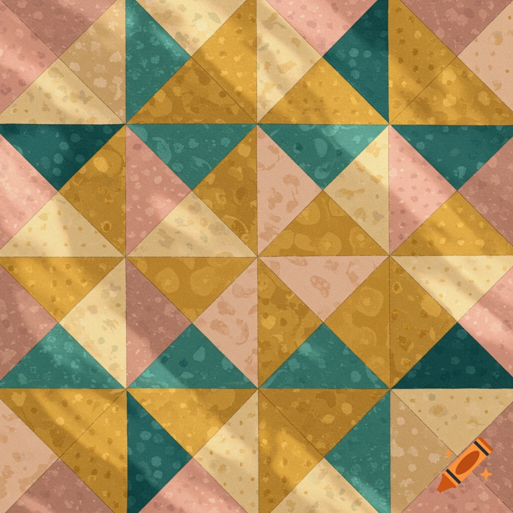 Close-up of a quilt block pattern with half-square triangles in teal ...