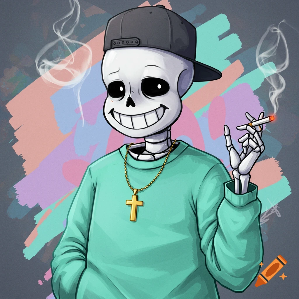 Cartoon illustration of Sans, the skeleton, in a mint shirt, gold cross ...