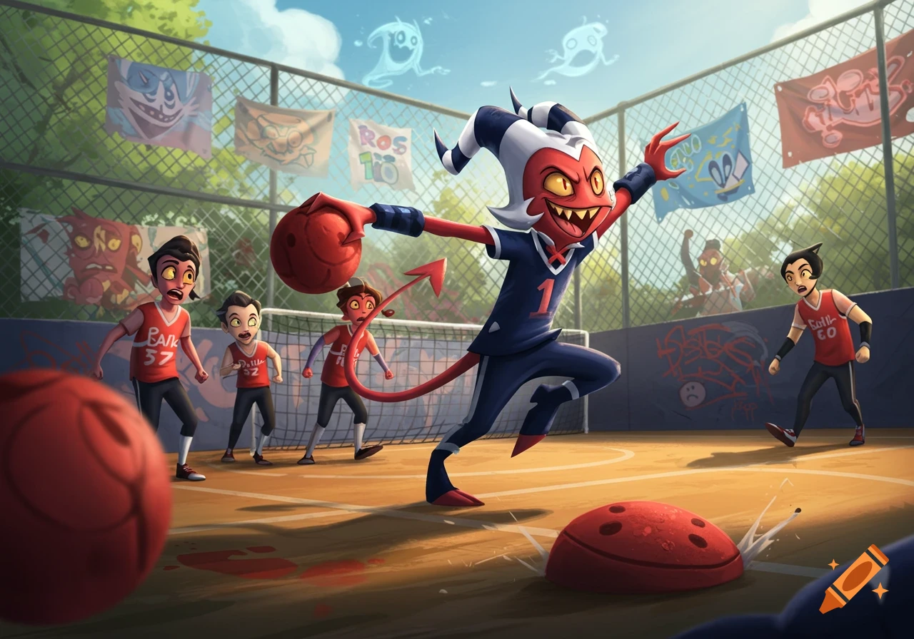 Moxxie from Helluva Boss holds a fiery dodgeball on an indoor court ...