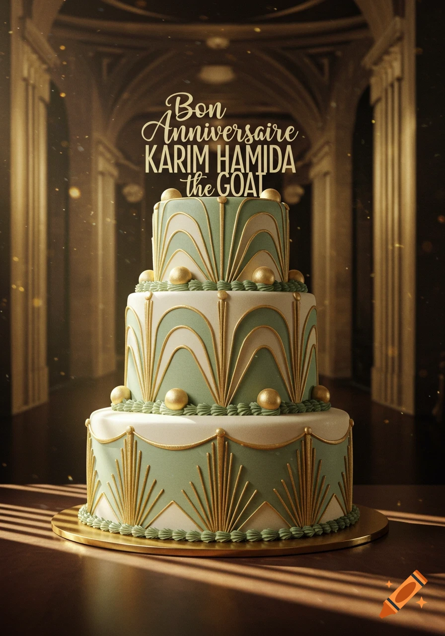 A three-tiered Art Deco birthday cake in mint green, white, and gold ...