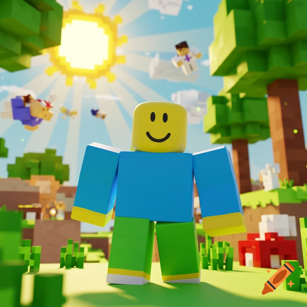 A smiling Roblox Noob character stands in a vibrant, blocky video game ...