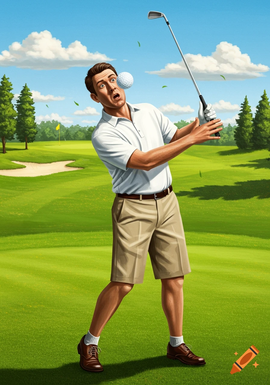 Shocked man on a golf course about to be hit in the face by a golf ball ...