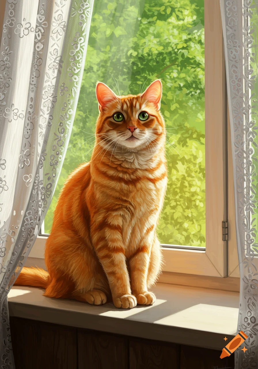 A ginger cat with green eyes sits by a sunny window with lace curtains ...