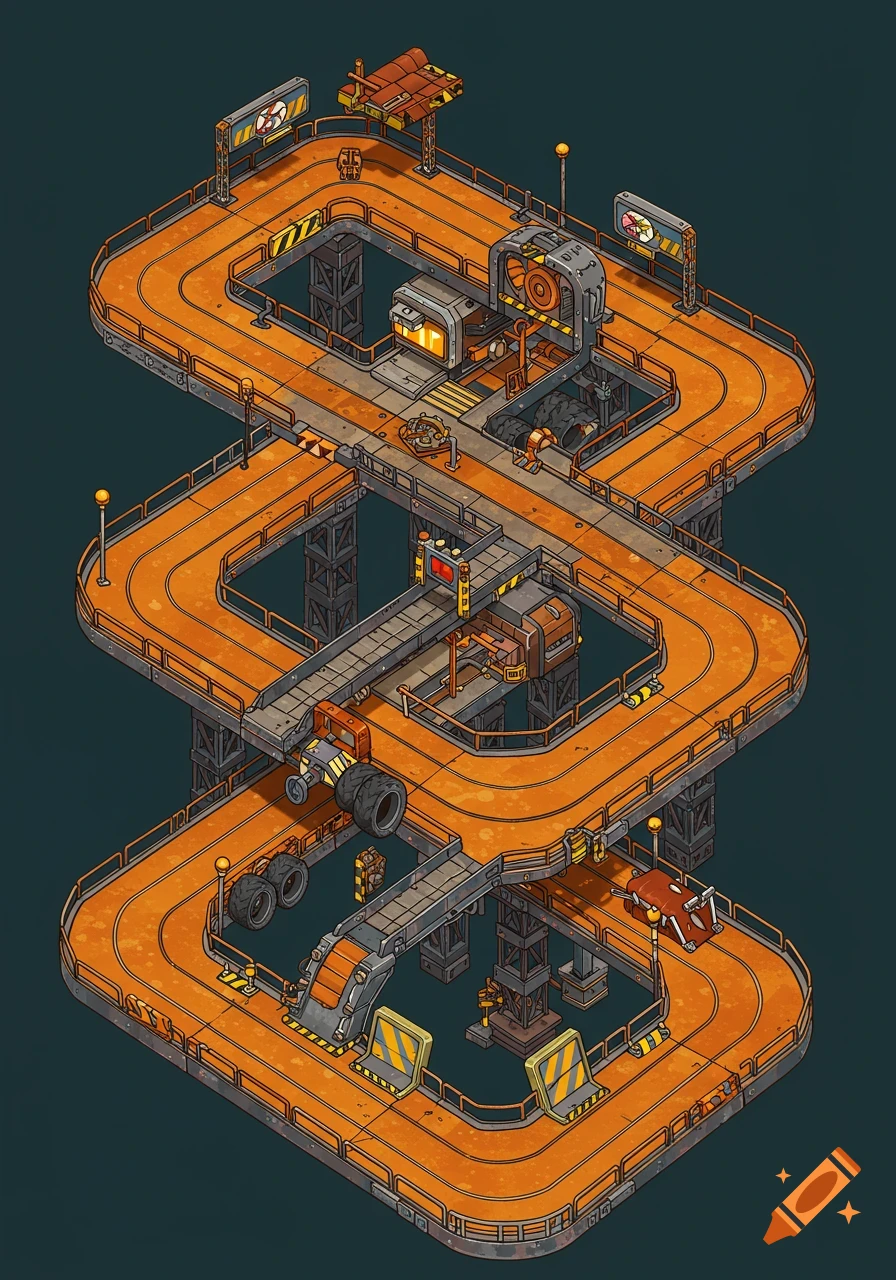 Isometric cartoon of a multi-level industrial race track with orange ...