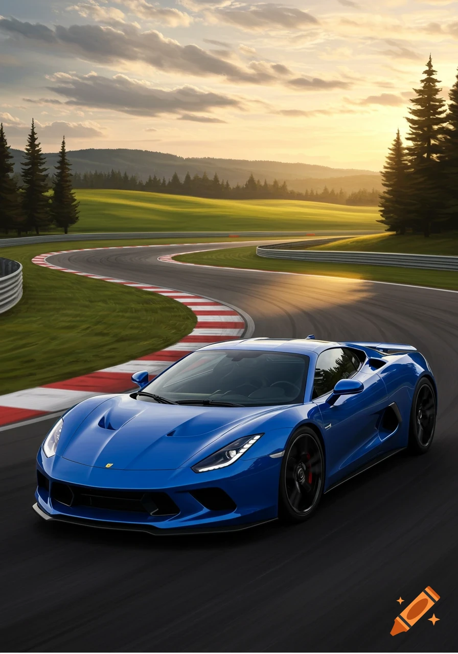 A sleek blue sports car speeds along a winding race track at sunset ...