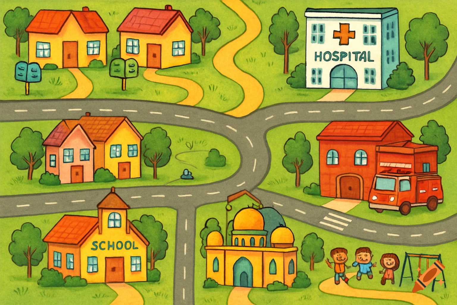 A colorful, childlike illustration of a neighborhood map with houses, a ...