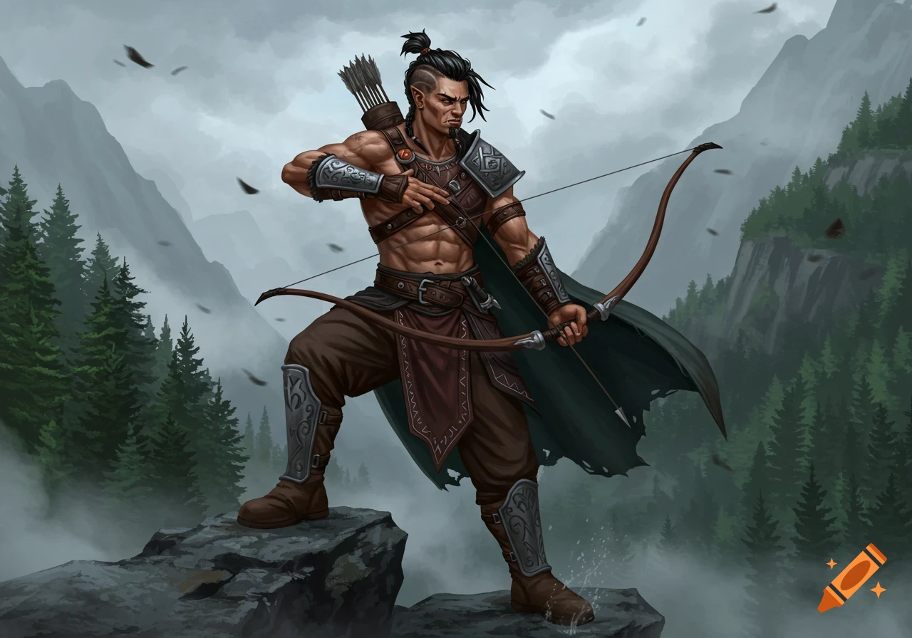 Muscular human archer with orcish features drawing a bow on a mountain ...