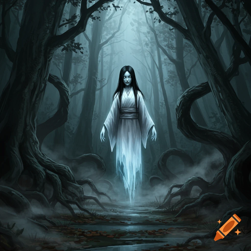 An eerie ghostly woman with white eyes and dark hair stands in misty ...
