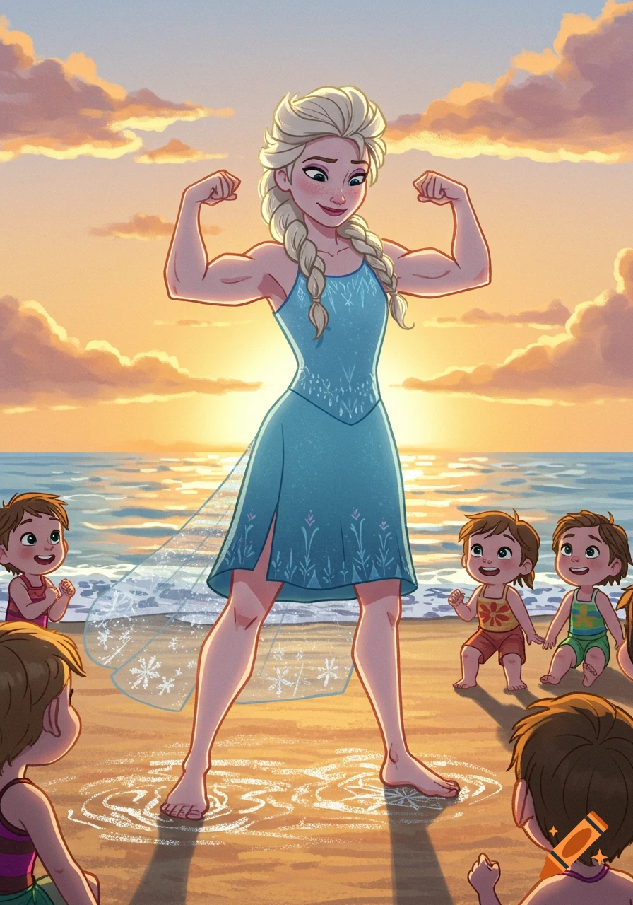 Cartoon Elsa from Frozen flexing her muscles on a sunny beach. on Craiyon