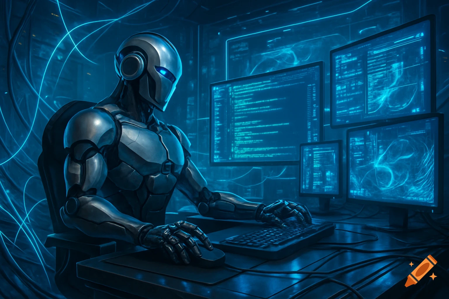 A photorealistic image of a Terminator-like robot using a rotary tool ...