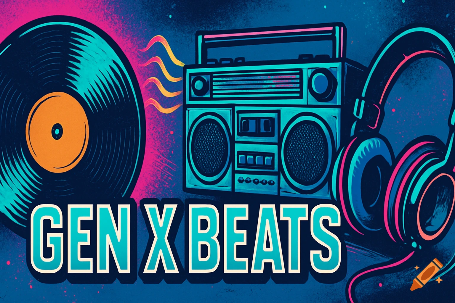 Vibrant graphic art of a vinyl record, boombox, and headphones with ...