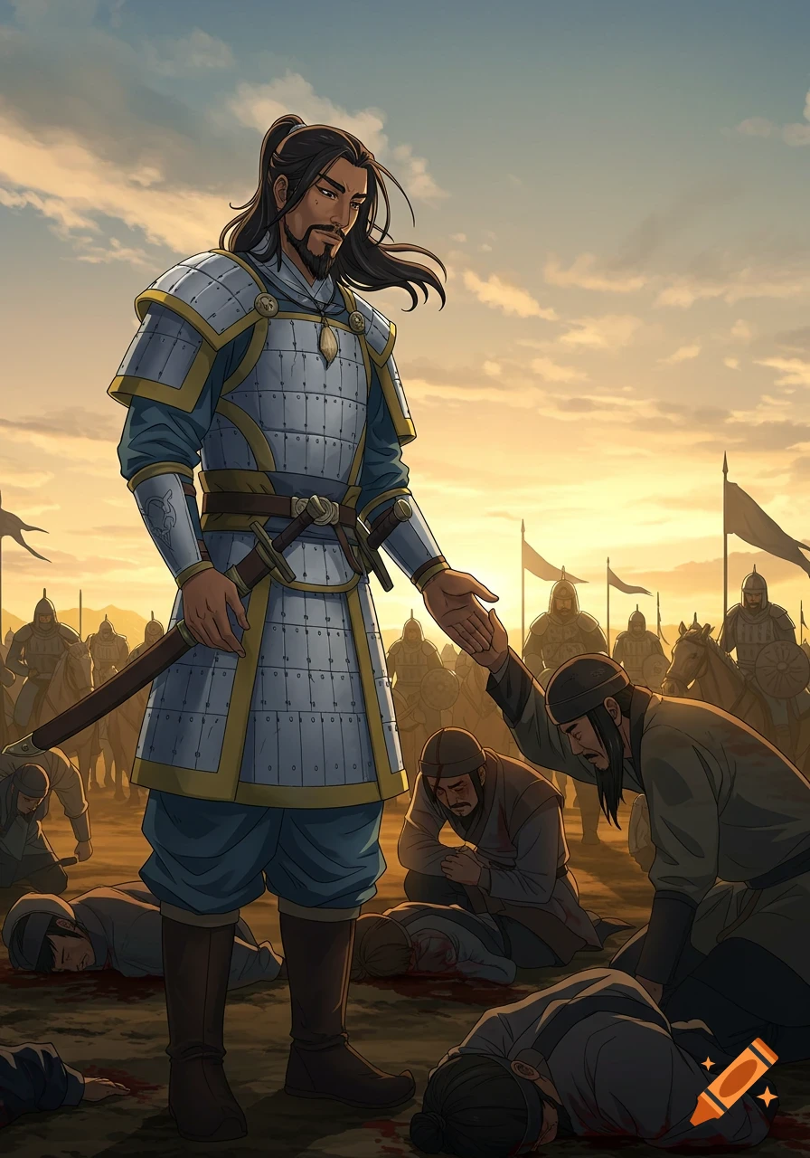 Anime style Muqali, a Mongol general, extends a hand to defeated ...