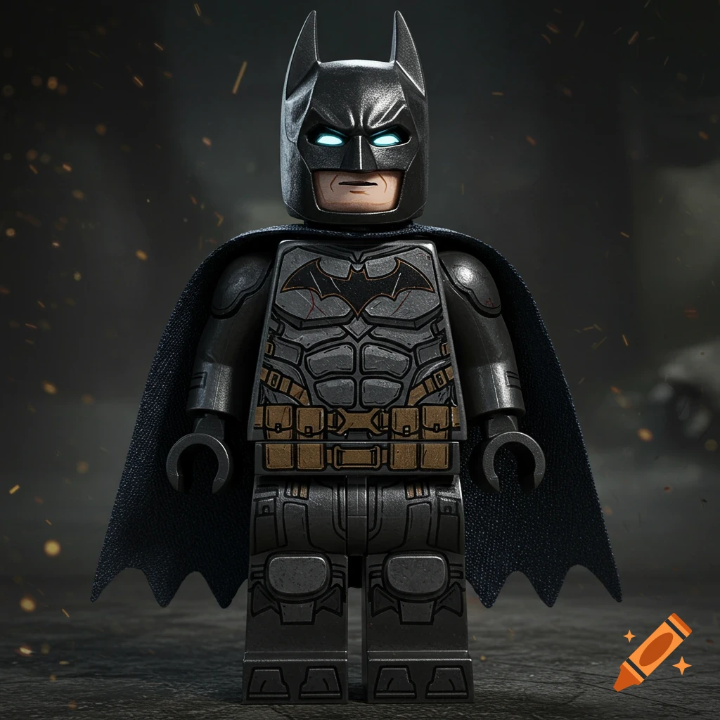 Photorealistic render of a detailed LEGO Batman minifigure with glowing ...