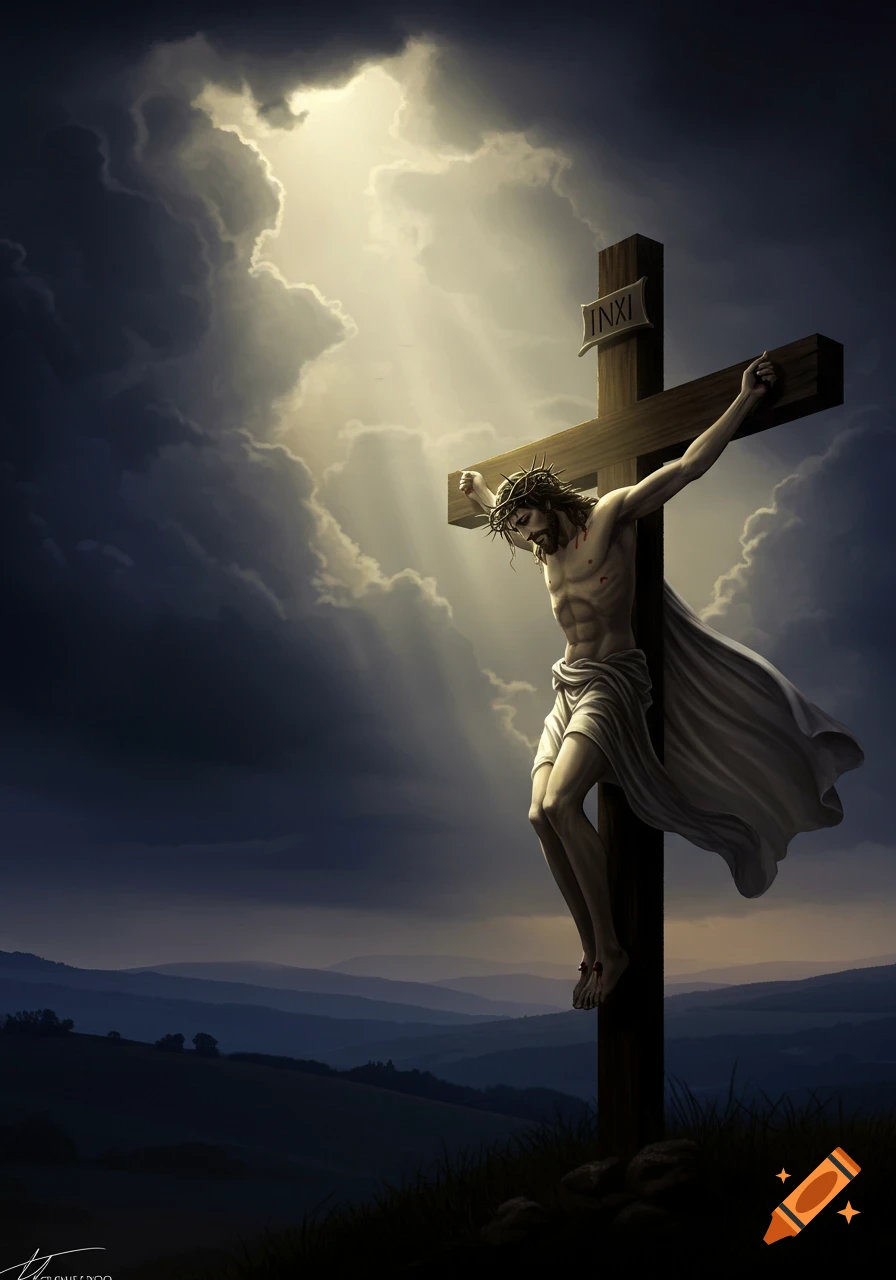 An illustration of Jesus Christ on the cross, wearing a crown of thorns ...