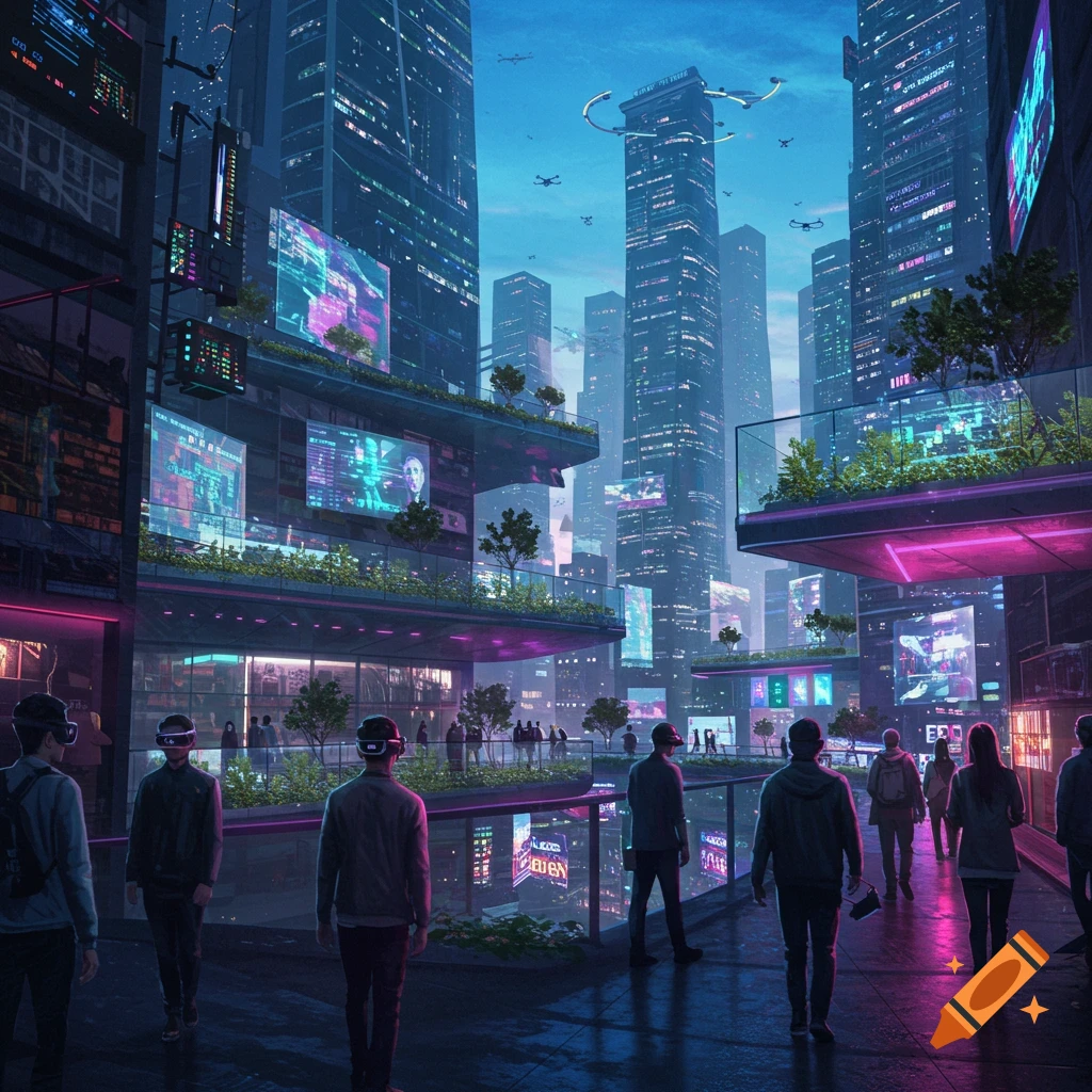 A vibrant, green-themed futuristic cityscape with tall buildings ...