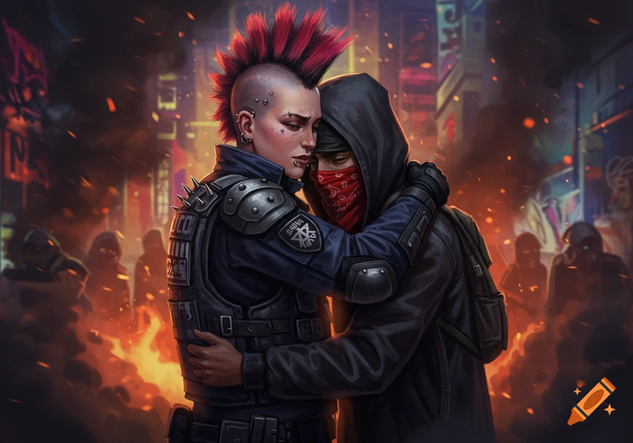 An illustration of a punk riot police officer with a red mohawk ...