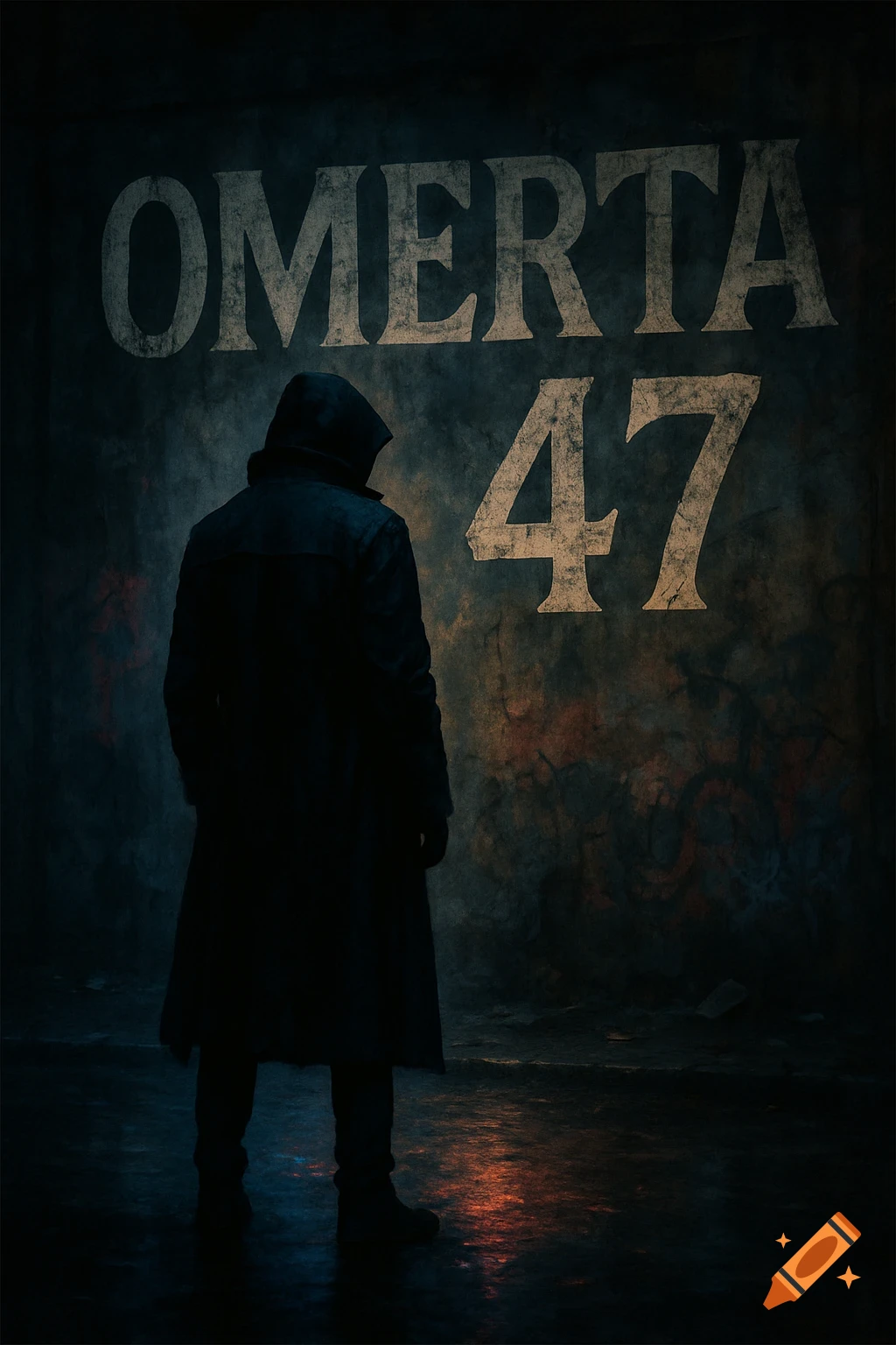 Hooded figure stands in a dark, gritty alley, back to viewer, facing a ...