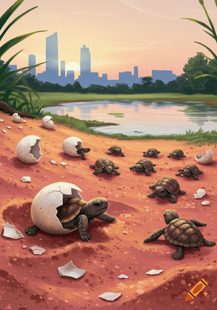 Illustration of baby turtles hatching on sandy ground near a pond with ...