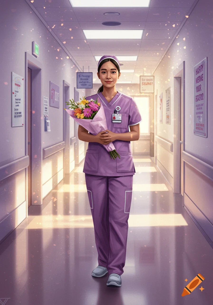 A smiling Asian nurse in purple scrubs holds a bouquet of flowers in a ...