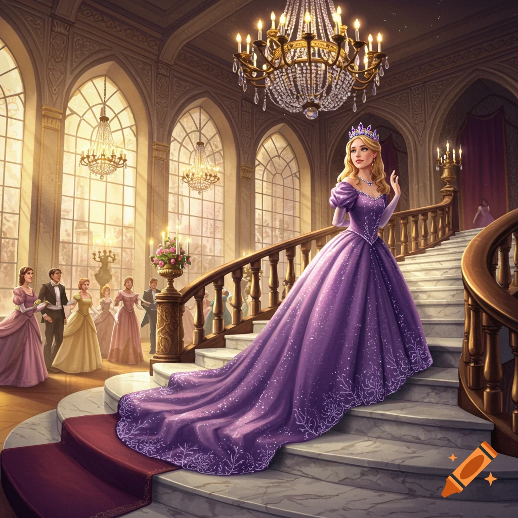 Dilbert's pointy-haired boss in a sparkly purple ball gown stands in a ...