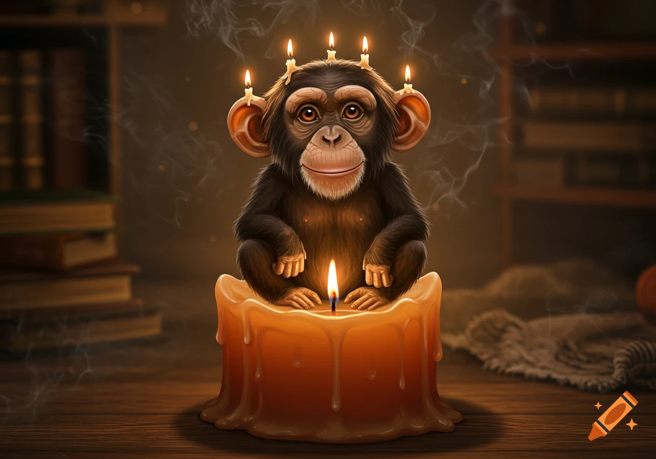 A creepy yellow and green monkey with red eyes and human teeth sits in ...