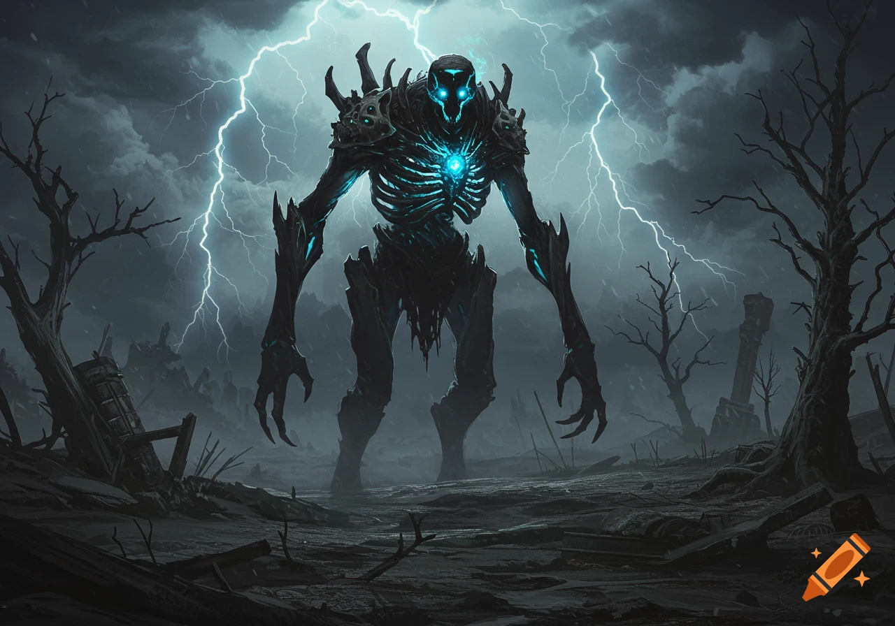 A giant black electric spider monster with glowing blue lines and eyes ...