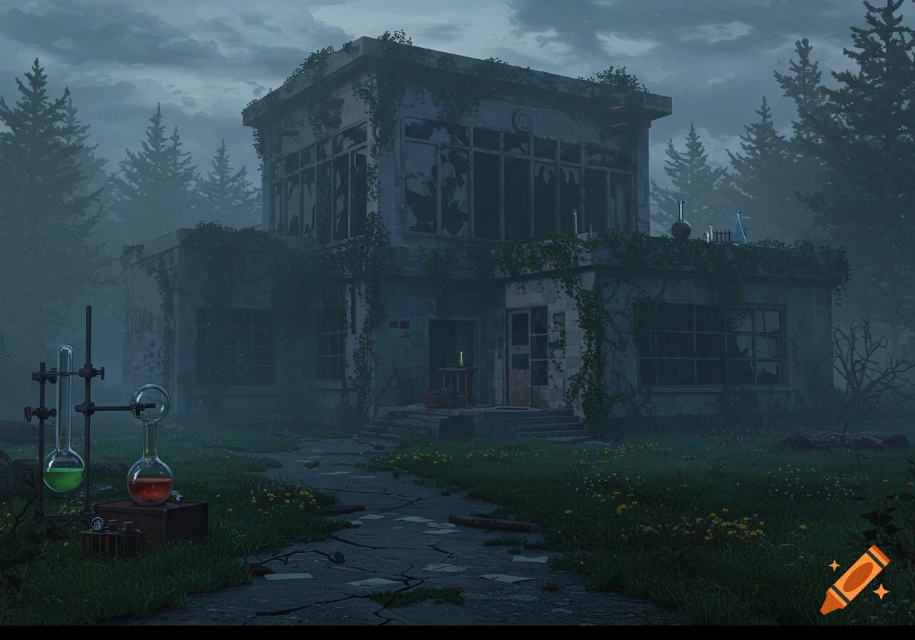 A dark, cinematic image of a dilapidated gothic house with barred ...