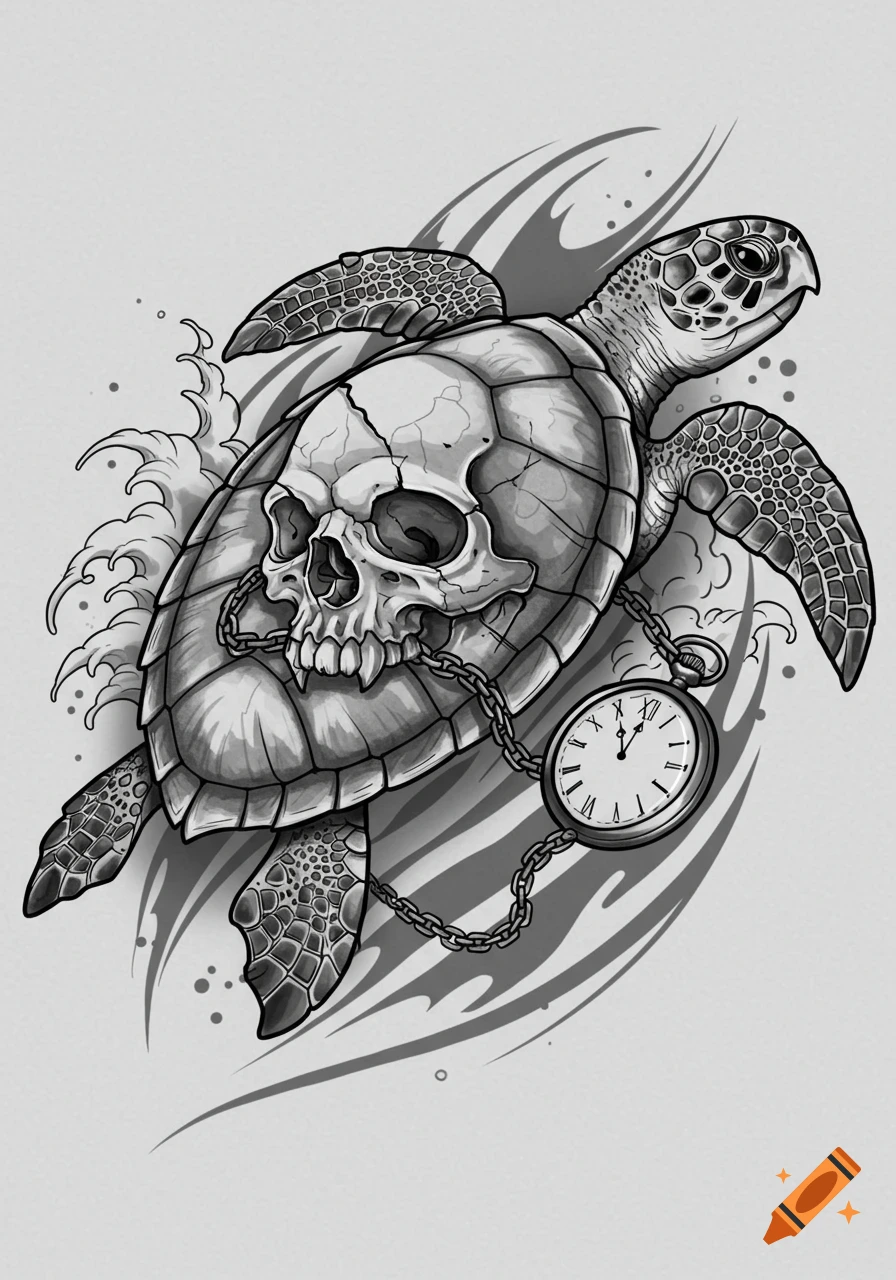 Black and white tattoo design of a sea turtle with a skull shell ...