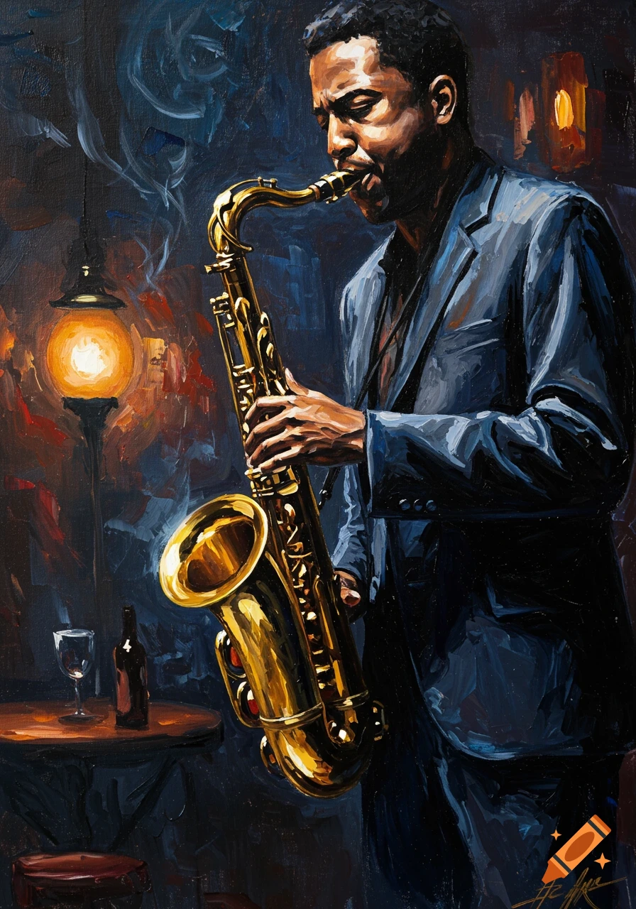 Abstract expressionist painting of a man playing a saxophone in a dimly ...