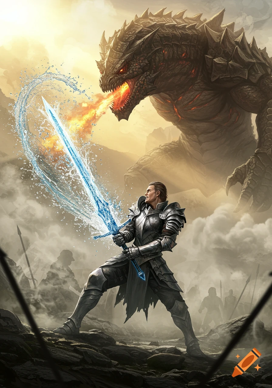 A knight in shining armor wields a glowing water sword against a fire ...