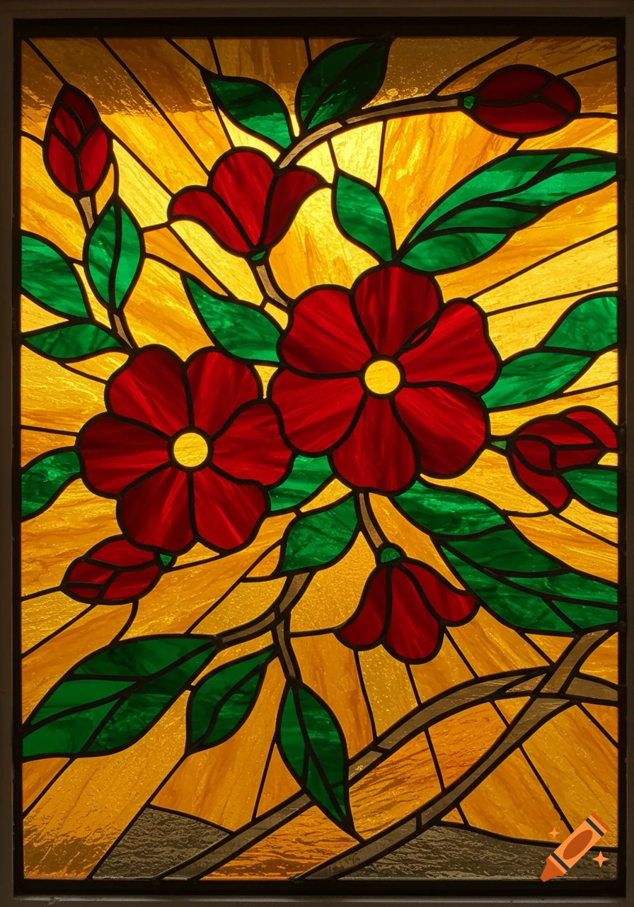 A vibrant stained glass panel featuring red flowers with yellow centers ...