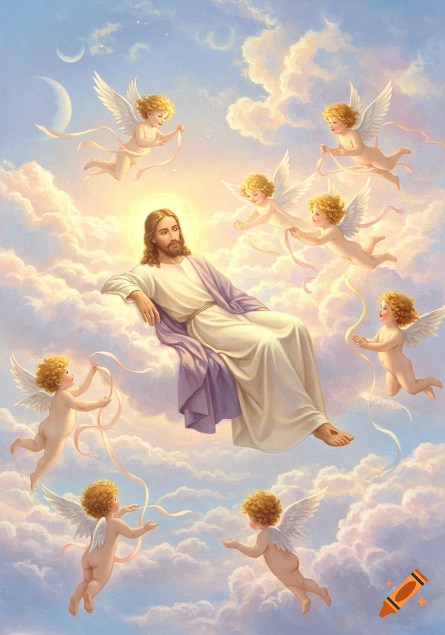 Ethereal painting of Jesus Christ laying on a cloud, surrounded by ...