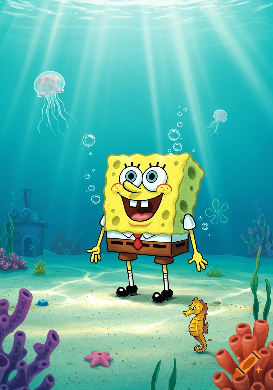 Spongebob Squarepants stands on the sandy ocean floor, smiling happily ...