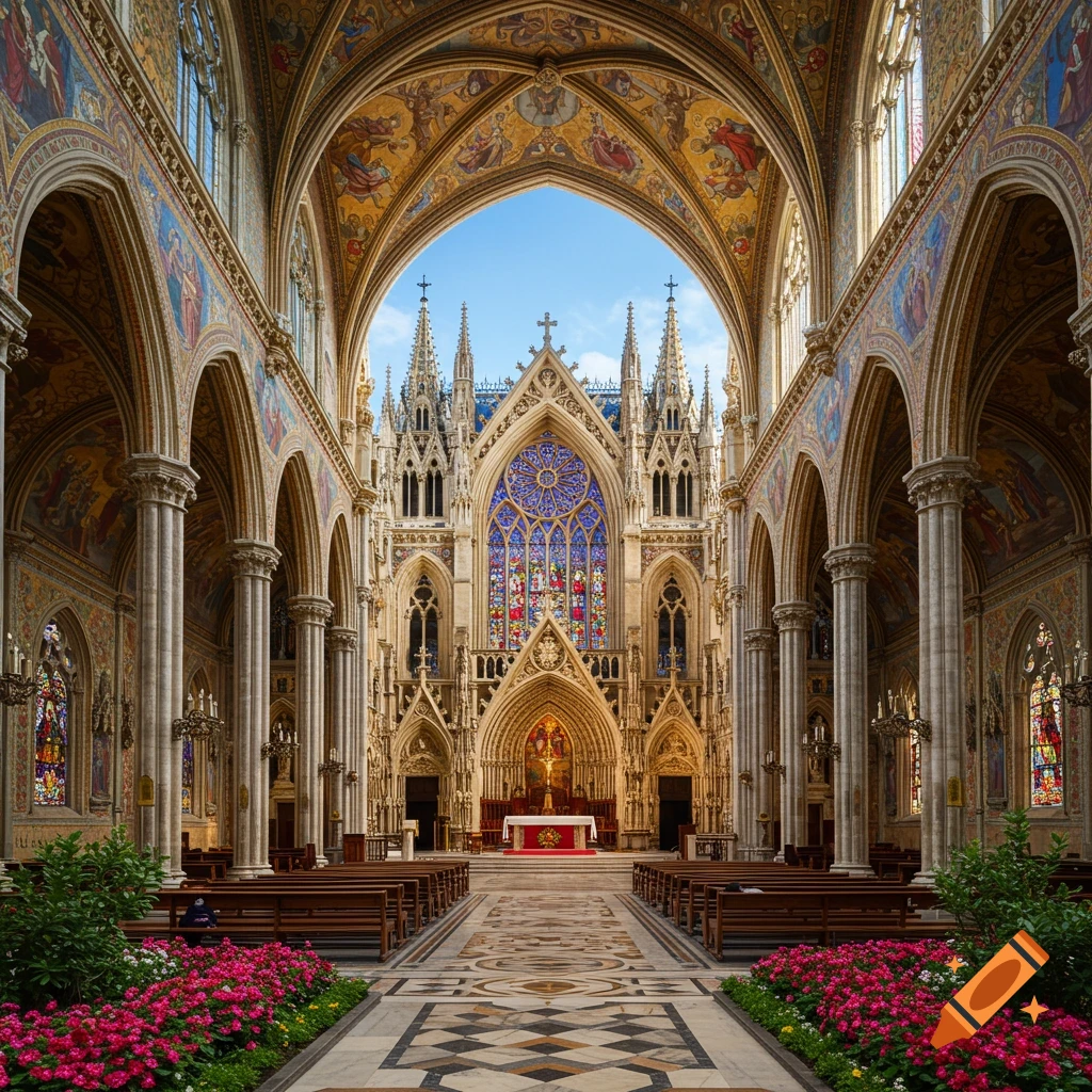 A fantasy ice church with spires, surrounded by blooming pink and white ...