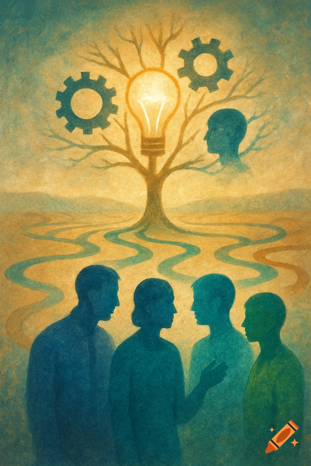 Textured painting symbolizing collaboration and ideas: a lightbulb in a ...