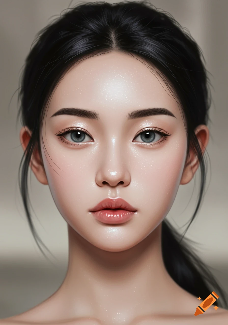 Close-up portrait of a young woman with short black hair and bangs in a ...