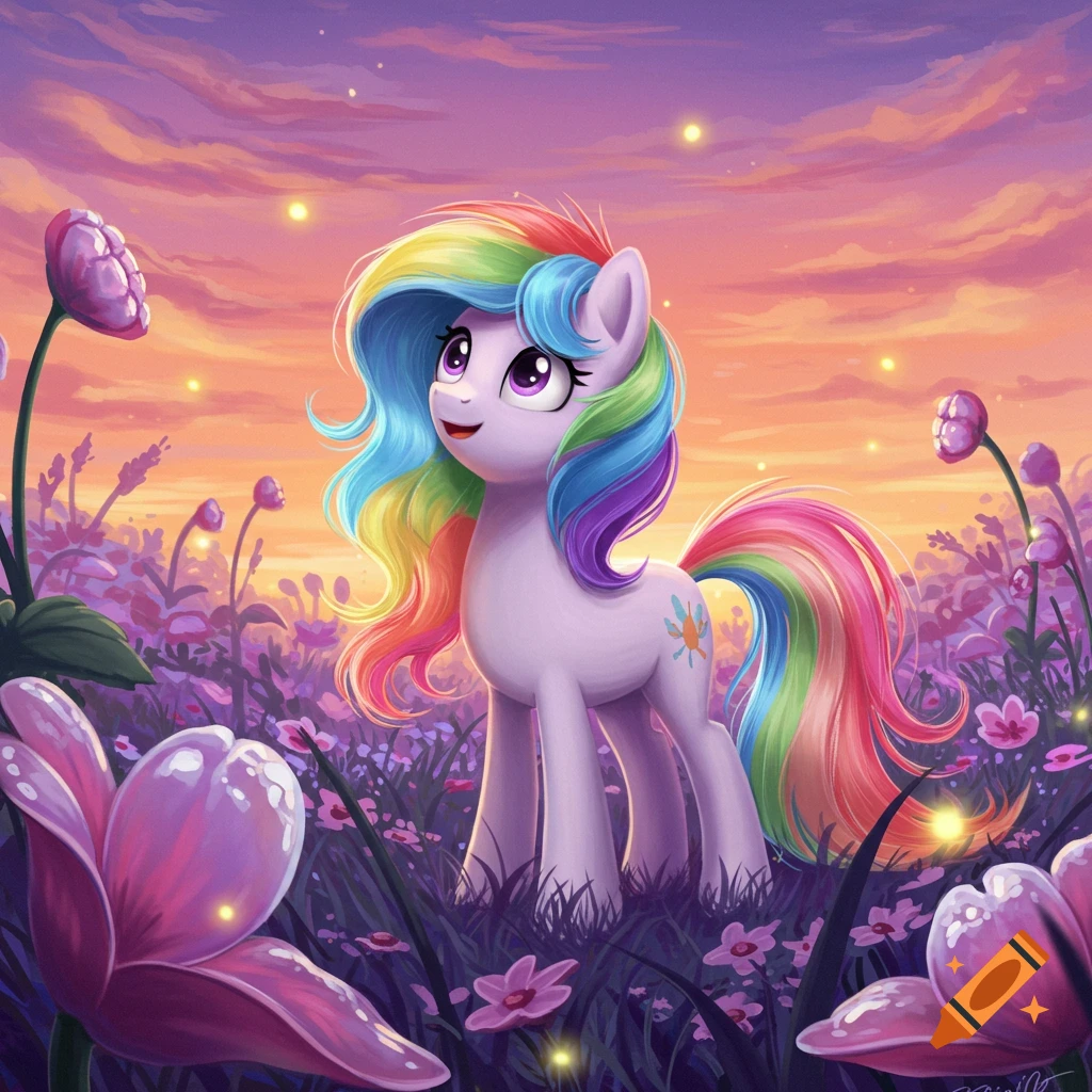 A purple unicorn with a rainbow mane, tail, and wings stands in a ...