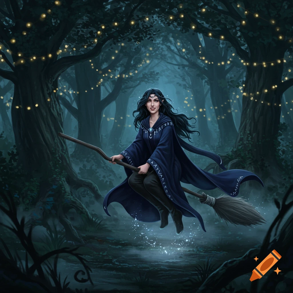 A dark-haired elf-like witch in a blue cloak smiles while flying on a ...