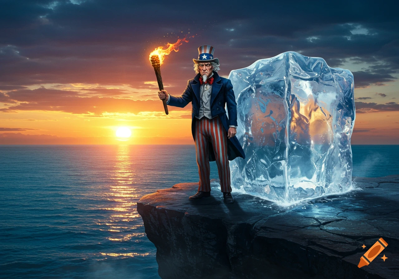 Uncle Sam stands on a cliff at sunset, holding a flaming torch next to ...
