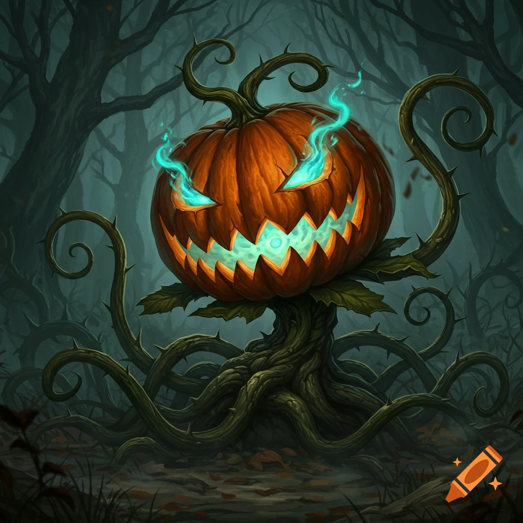 An evil jack-o'-lantern pumpkin plant with glowing blue eyes and mouth ...