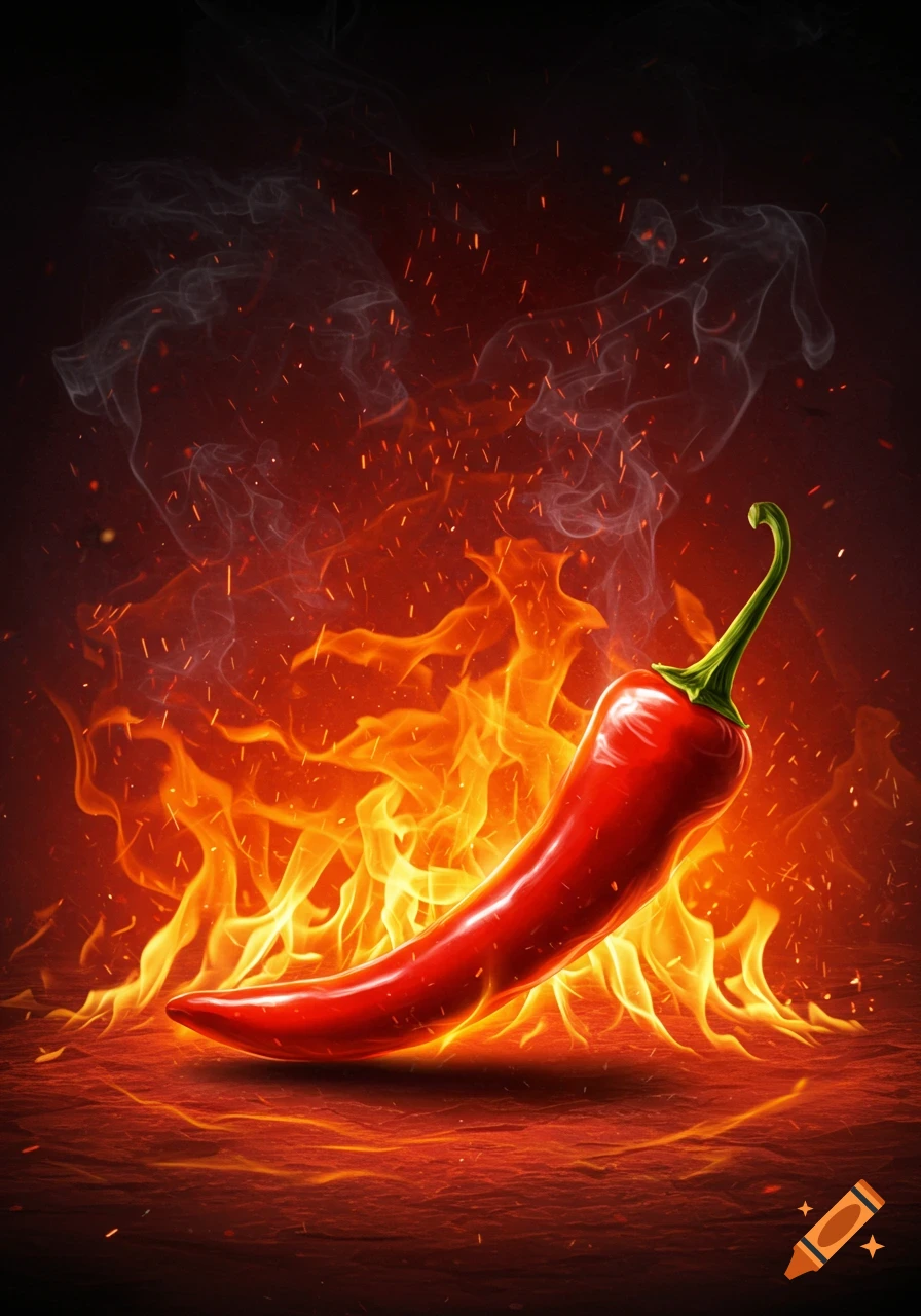 A vibrant red chili pepper surrounded by intense flames, smoke, and ...