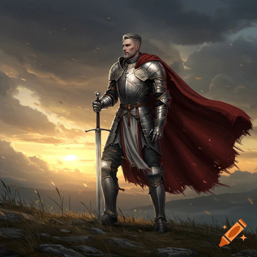 A crusader knight in full armor stands on rocks, holding a sword and ...