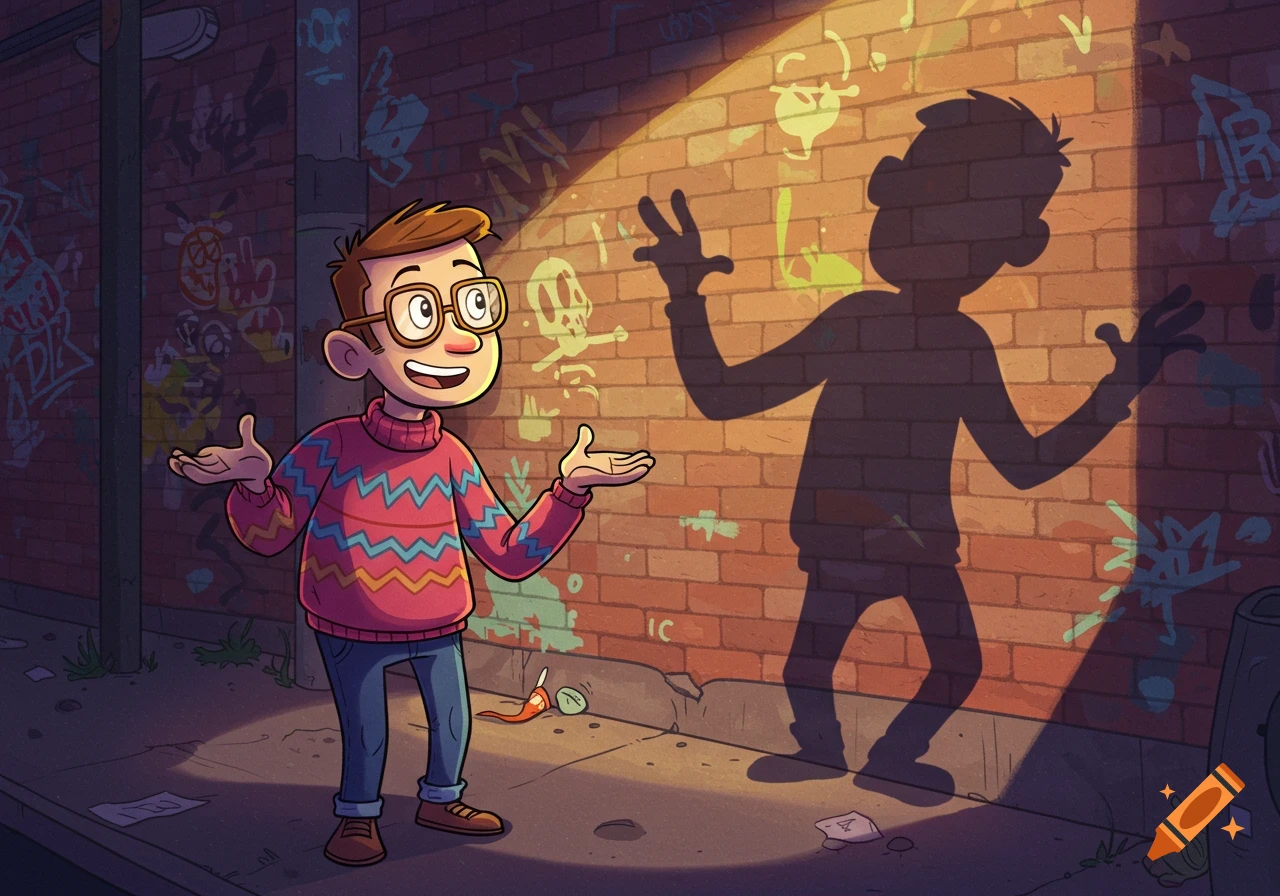 Cartoon man with glasses and patterned sweater gestures at his shadow ...