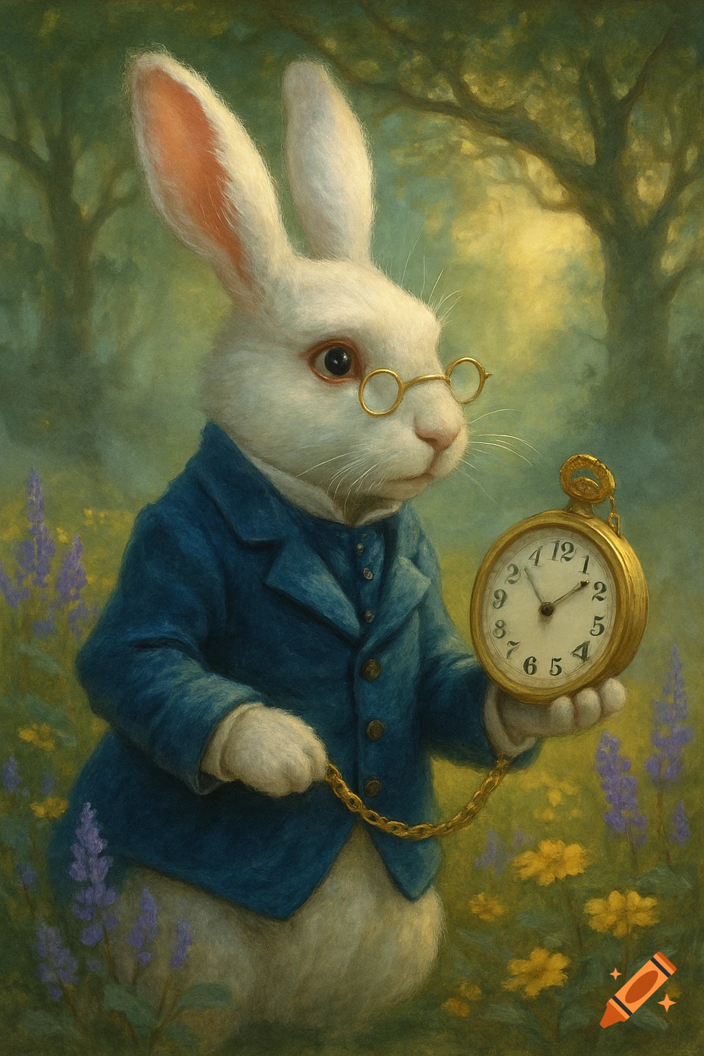 A white rabbit wearing glasses and a blue suit stands in a whimsical ...